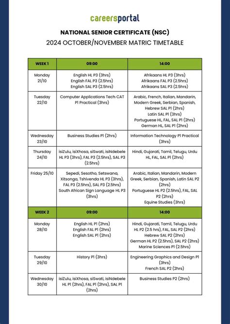 Matric Final Exam Timetable
