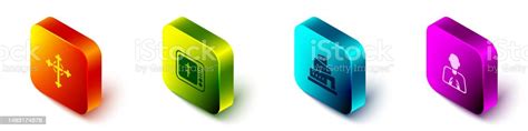 아이소메트릭 기독교 십자가 온라인 교회 목사 설교 바벨탑 성경 이야기 및 손 기도 위치 아이콘을 설정합니다 벡터 3차원 형태에 대한 스톡 벡터 아트 및 기타 이미지 Istock