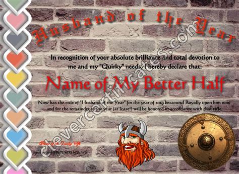 Husband Of The Year Customizable Personal Award Certificate Template