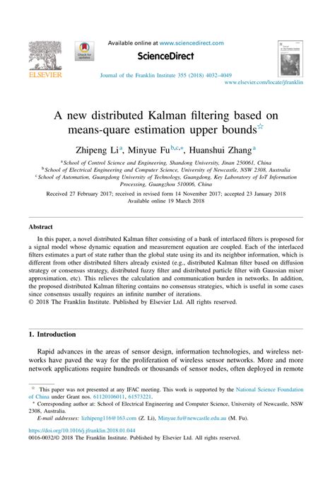 Pdf A New Distributed Kalman Filtering Based On Means Quare Estimation Upper Bounds