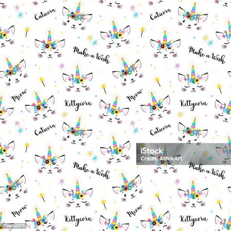 아이들을위한 꽃 화환과 문자 원활한 패턴 귀여운 유니콘 고양이 머리 매직 캐티콘 키티콘 보육 바탕 화면 유니콘 뿔과 꽃 왕관 벡터 배경 마법의 새끼 고양이 얼굴 0명에 대한