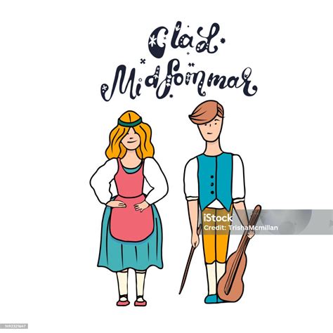 행복한 한여름 인사말 포스터 만화 스웨덴 전통 의상 캐릭터와 글래드 Midsommar 스웨덴에서 가장 긴 여름 휴일 배너 템플릿입니다 손으로 그린 벡터 그림입니다 2명에