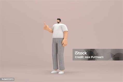 회색 코듀로이 바지와 화이트 칼라 티셔츠를 입은 수염을 가진 남자 그는 말할 때 손의 표현입니다 연기에서 만화 캐릭터의 3d 일러스트 레이터 3차원 형태에 대한 스톡 사진