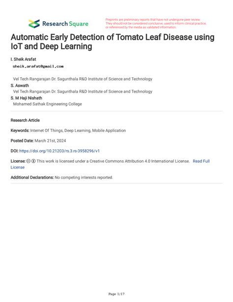 Pdf Automatic Early Detection Of Tomato Leaf Disease Using Iot And