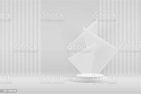 둥근 플랫폼과 기하학적 삼각형 블록이 있는 제품 디스플레이를 위한 3d 흰색 연단 무대 양각 종이 배경 그라데이션에 대한 스톡