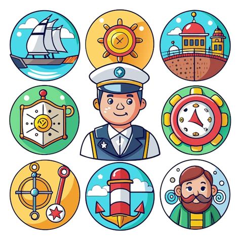 Set Of Nine Nautical Icons With A Sailor Lighthouse Compass Ship Anchor