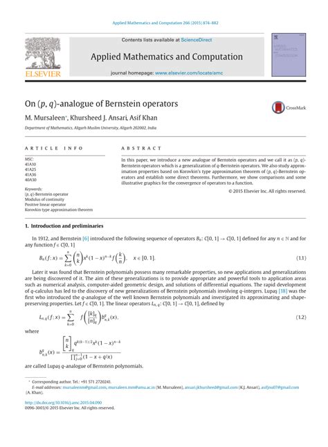 Pdf On P Q Analogue Of Bernstein Operators