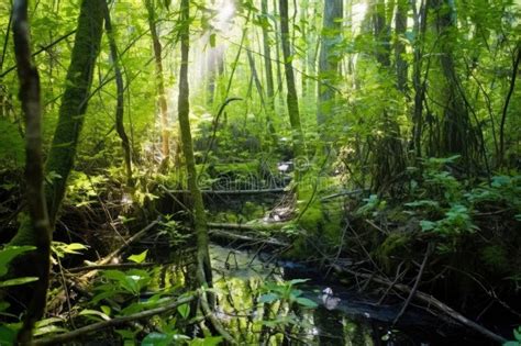 Sunlight Filtering Through The Dense Vegetation Of A Swamp Forest Stock
