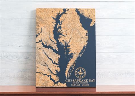 Chesapeake Bay Maryland Virginia Map Engraved Wood Coastal Chart Wall