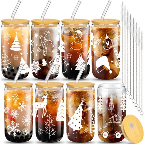 6 Pieces Christmas Can Glass 16oz Coffee Glass Cup With