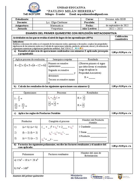 Examen 1°q Reflexión Metacognitiva 10mo B Pdf Prueba Evaluación Factorización