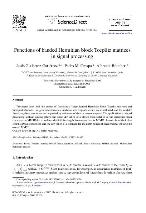 Pdf Functions Of Banded Hermitian Block Toeplitz Matrices In Signal Processing