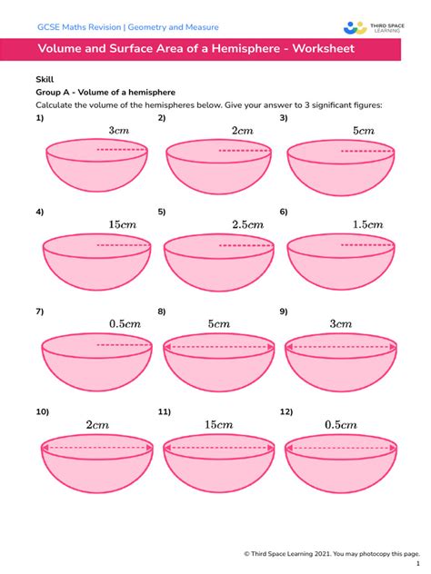 Third Space Learning Volume And Surface Area Of A Hemisphere Gcse Worksheet Pdf Sphere Area