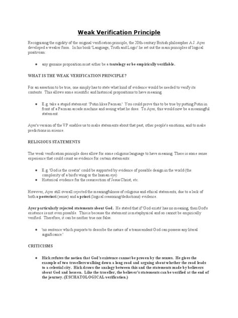 Weak Verification Principle Pdf Western Philosophy Cognition