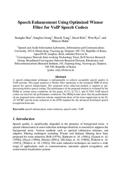 Pdf Speech Enhancement Using Optimized Wiener Filter For Voip Speech Codecs Seungho Han