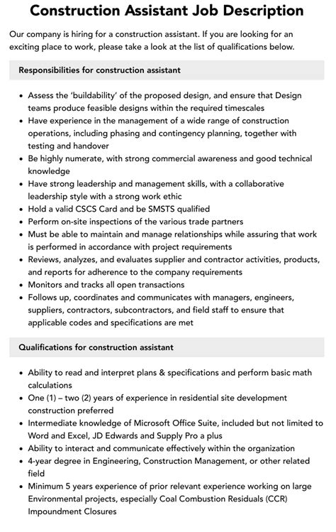 Construction Assistant Job Description Velvet Jobs