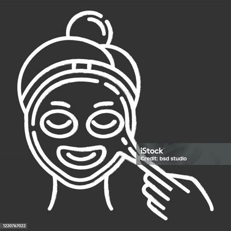 벗겨짐 마스크 분필 아이콘 적용 스킨 케어 절차 얼굴 미용 트리트먼트 리프팅 및 각질 제거를 위한 얼굴 제품 피부과 화장품 메이크업 절연 벡터 칠판 그림 0명에 대한 스톡