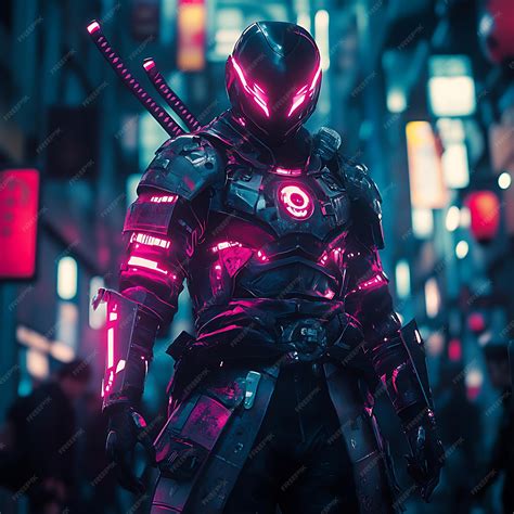 Futuristic Samurai Warrior In Neon City Premium Ai Generated Image