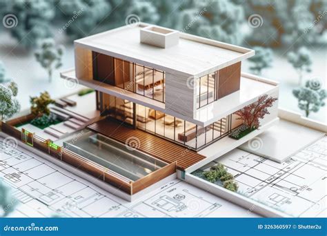 Detailed Model Of A Modern House Over Its Blueprints Representing Architectural Development