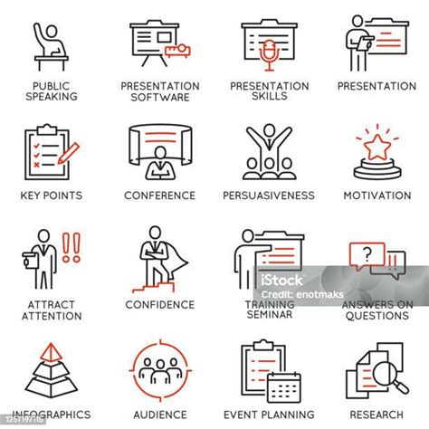 커리어 트레이닝 세미나 컨퍼런스 및 프레젠테이션과 관련된 선형 아이콘 의 벡터 집합입니다 모노 라인 픽토그램 및 인포그래픽 디자인 요소 진행하다에 대한 스톡 벡터 아트 및