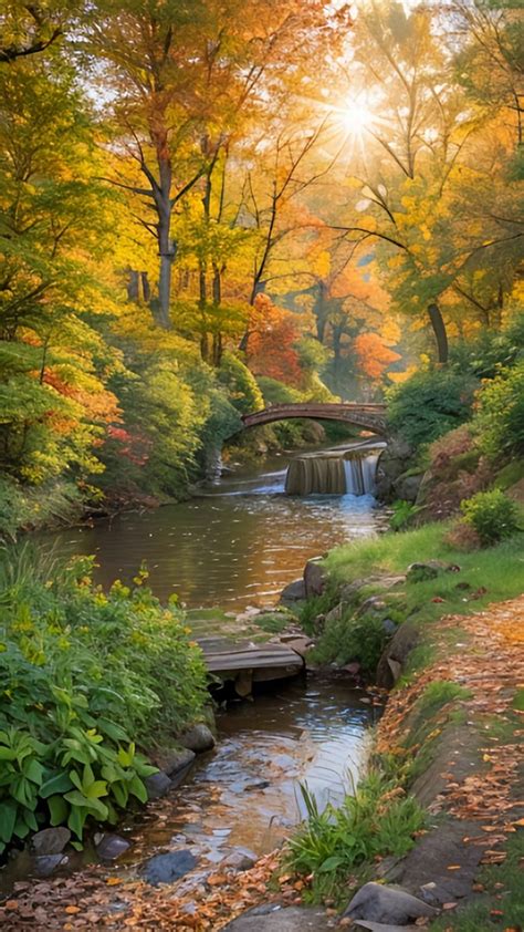Tranquil Stream In A Lush Green Forest 秋のハイキングコースのアイデア 秋の森と橋と滝 秋の森の