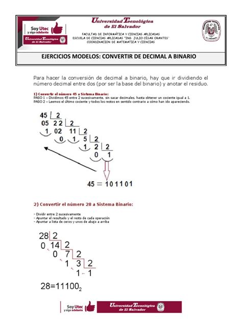 Ejemplos Convertir De Decimal A Binario Pdf