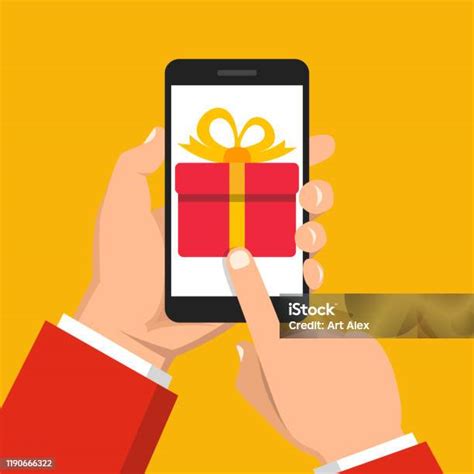 화면에 선물 상자와 함께 스마트 폰을 들고 손을 손가락이 버튼을 터치합니다 벡터 플랫 일러스트레이션입니다 개념에 대한 스톡 벡터