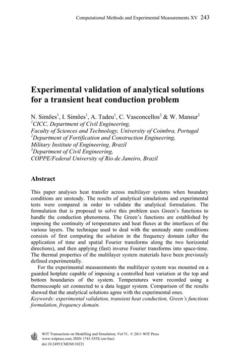 Pdf Experimental Validation Of Analytical Solutions For A Transient