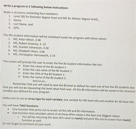 Solved Write A Program In C Following Below Instructions