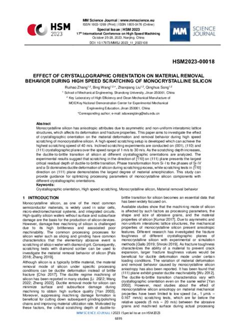Effect Of Crystallographic Orientation On Material Removal Behavior During High Speed Scratching