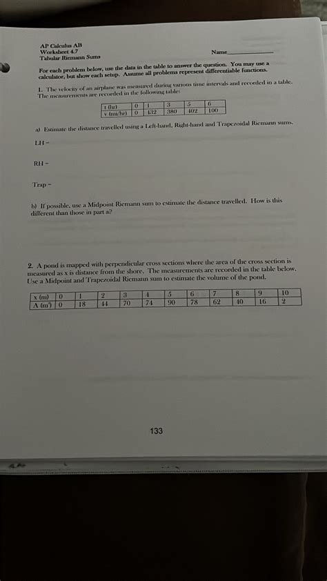 AP Calculus AB Worksheet 17 Tabular Riemann StudyX