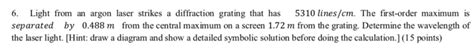 Solved 6 Light From An Argon Laser Strikes A Diffraction