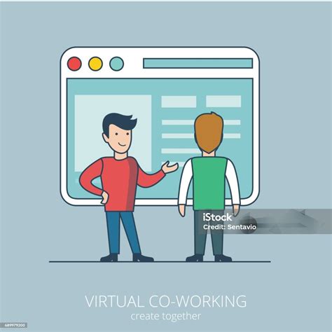 선형 플랫 라인 아트 스타일 가상 공동 작업 비즈니스 개념입니다 큰 컴퓨터 인터페이스 창 형태 전에 서 두 남자 사업가 개념적 사업가 벡터 일러스트 레이 션 컬렉션입니다