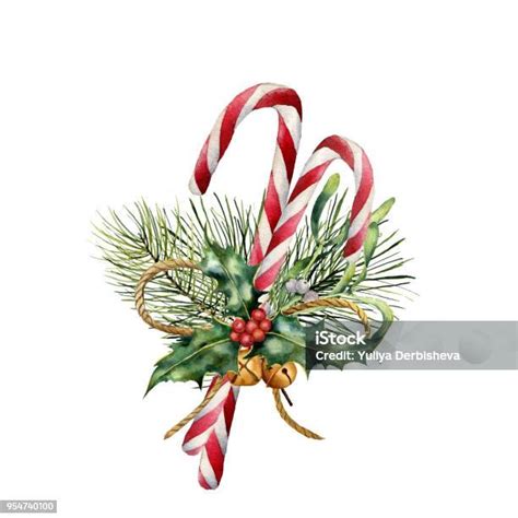 장식과 수채화 크리스마스 지팡이입니다 손 그린 크리스마스 공장 전통 사탕 홀리 미 슬 토 벨 리본 및 전나무 분기 흰색 배경에
