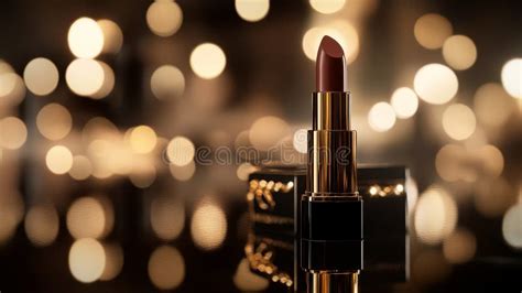 On A Reflective Surface A Lipstick Of Dark Brown Color With Luxurious