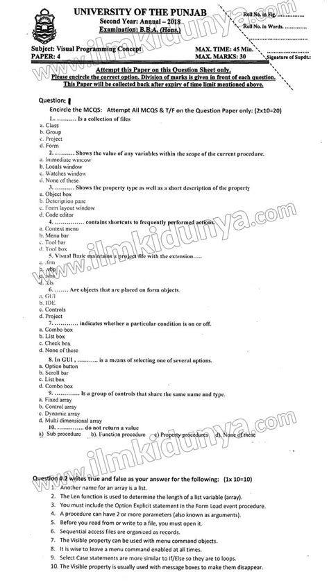 Past Paper Bba 2nd Year Punjab University Visual Programming Concept