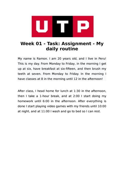 week 01 task assignment my daily routine i am 20 years old and i