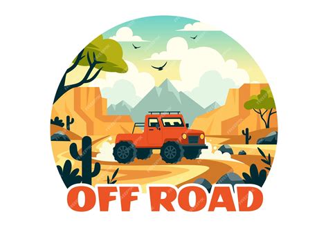 평평한 익스트림 스포츠 스타일의 만화 배경에서 바위 지형 강과 모래를 가로지르는 지프 또는 Suv의 오프 로드 터 일러스트레이션 프리미엄 벡터