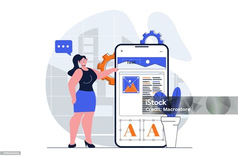 캐릭터 장면이 있는 앱 개발 웹 개념입니다 여성 프로그래밍 코딩 모바일 인터페이스 레이아웃 만들기 플랫 디자인의 사람들 상황 소셜 미디어 마케팅 자료에 대한 벡터 그림입니다