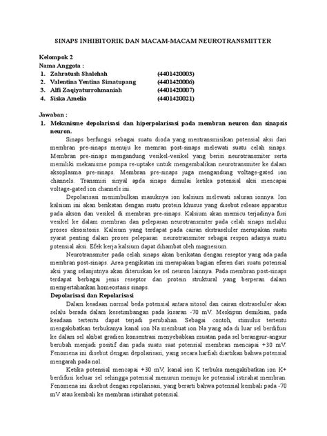 Kelompok 2 Sinaps Inhibitorik Dan Macam Macam Neurotransmitter Pdf