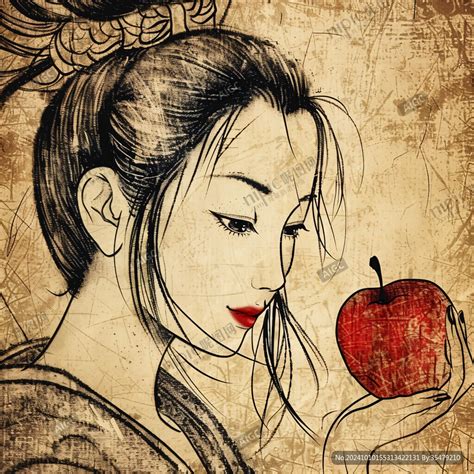 ai创作图手绘座在苹果上的姑娘 手绘苹果少女 挎苹果的女人 荔枝古代美女人物 壁画白描美女 中国风苹果 国风香梨女人 复古美女工笔画 手绘古典