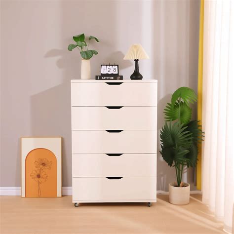 Modern 5 Drawer Dresser With Wheels Rolling Storage Cabinet For Bedroom