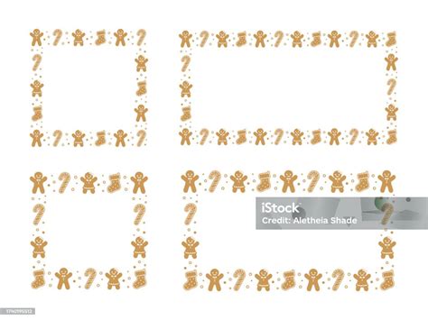 정사각형과 직사각형 진저브레드 쿠키 프레임 테두리 세트 크리스마스 겨울 휴가 그래픽 수제 과자 패턴 카드 및 소셜 미디어 게시물 템플릿입니다 벡터 그림입니다 0명에 대한