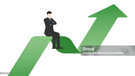 성공한 리더 비전이 있는 사업가 녹색 화살표가 솟아오르는 곳에 자신 있게 앉아 있습니다 경쟁 경제에서 돈 투자 부 재무 성장 및 전략적 비즈니스 결정의 개념 개념에 대한