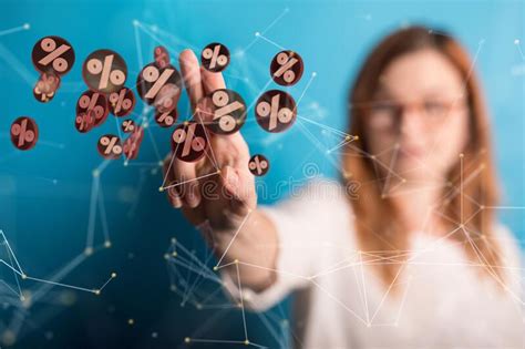 Businesswoman Presenting A 3d Rendered Hologram Of A Network With Percent Icons In A Cyberspace