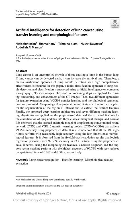 Artificial Intelligence For Detection Of Lung Cancer Using Transfer Learning And Morphological