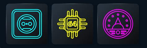 Set Line Electrical Outlet Ampere Meter Multimeter Voltmeter And Processor With Microcircuits