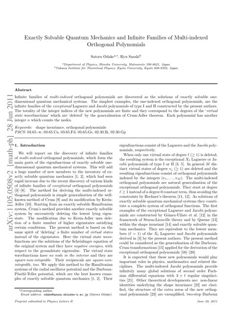 PDF Exactly Solvable Quantum Mechanics And Infinite Families Of Multi Indexed Orthogonal