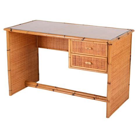 Midcentury Glass Top Bamboo And Wicker Italian Desk With Drawers 1980s Desk With Drawers