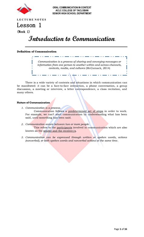 Lecture Notes In Oral Comm Lesson 1 4 Aclc College Of Tacloban Senior